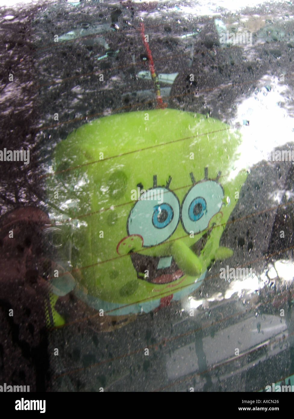 funny face soft toy in back of car window Stock Photo - Alamy