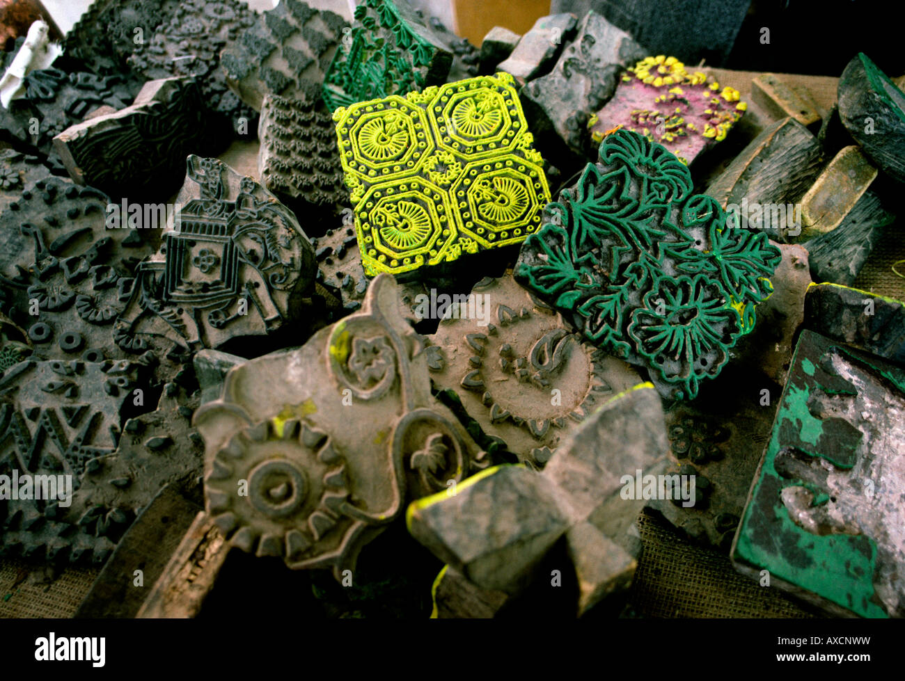 India Rajasthan crafts ajrakh fabric printing blocks Stock Photo - Alamy