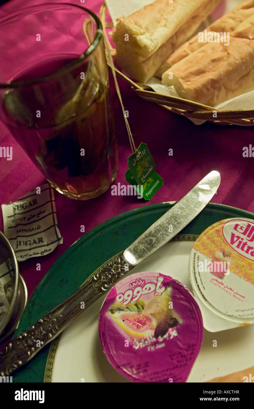 Typical Egyptian breakfast of bread, jam and tea Stock Photo - Alamy