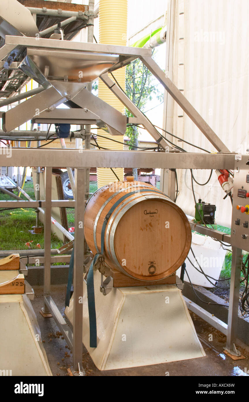Fermentation in barrel. Specially equipment to put grapes in Oak barrel ...