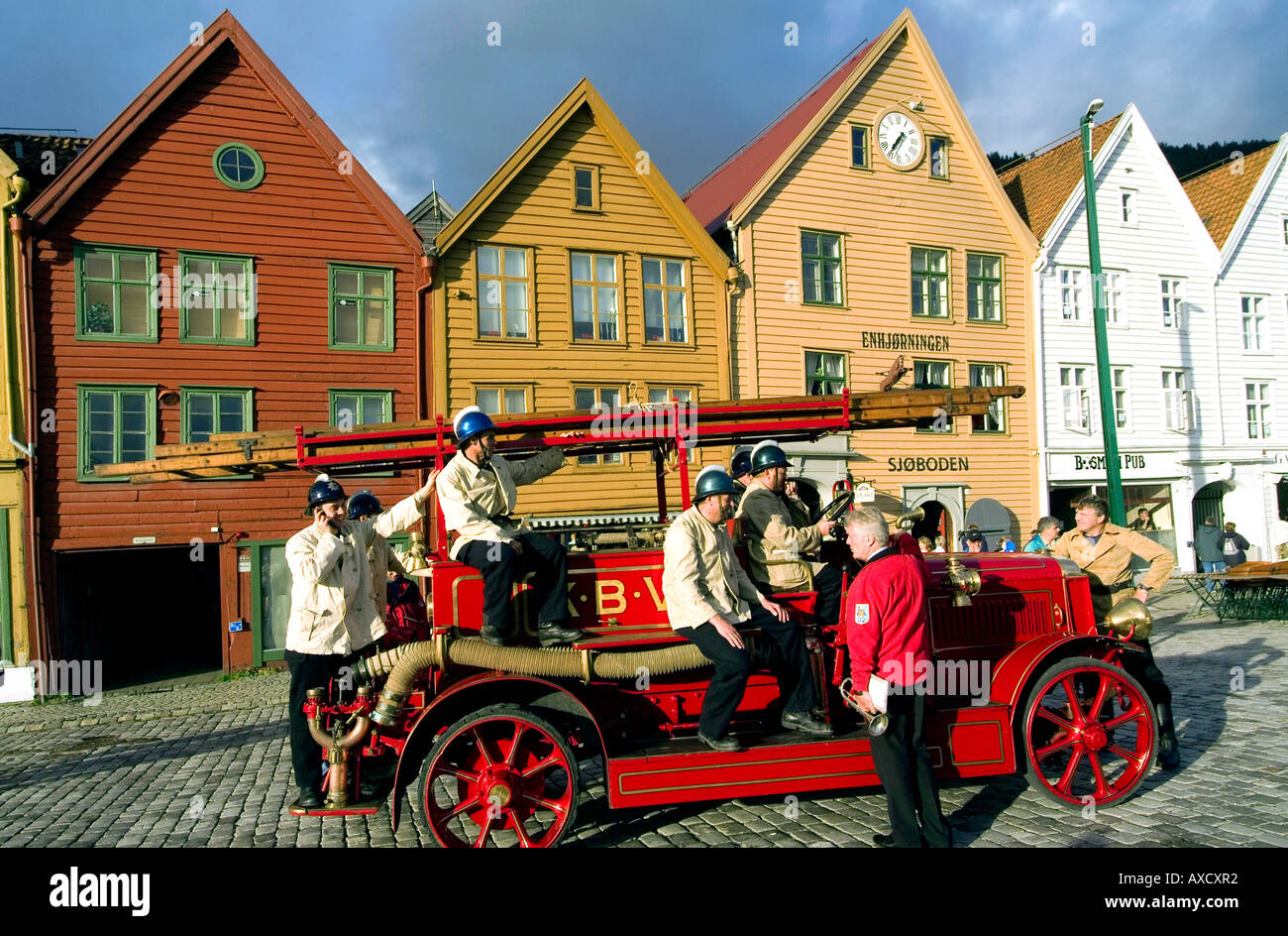 Firefighters parade.Bryggen waterfront.Bergen.Norway Stock Photo - Alamy