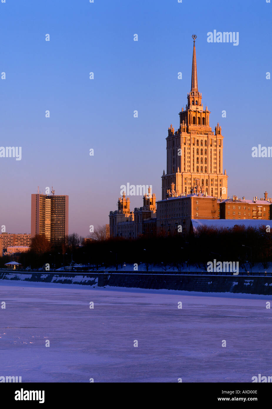 Stalin era skyscraper the Ukraina Hotel and a frozen River Moskva ...