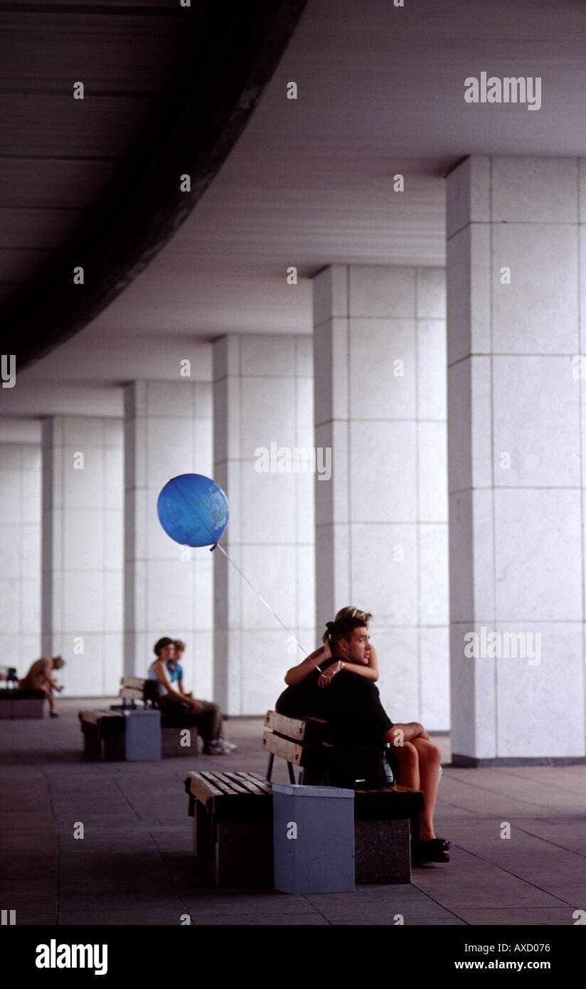 Lovers holding a balloon in Park Pobedy Victory Park on Poklonnaya Gora ...