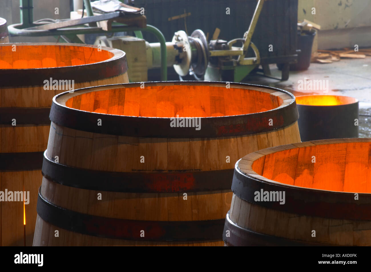 Burning, toasting the barrel with fire. Cooperage, barrel manufacturing ...