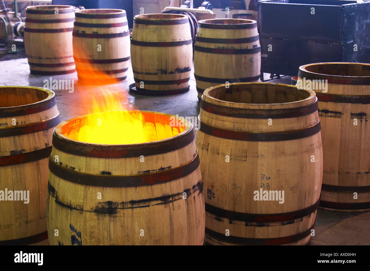 Burning, toasting the barrel with fire. Cooperage, barrel manufacturing ...