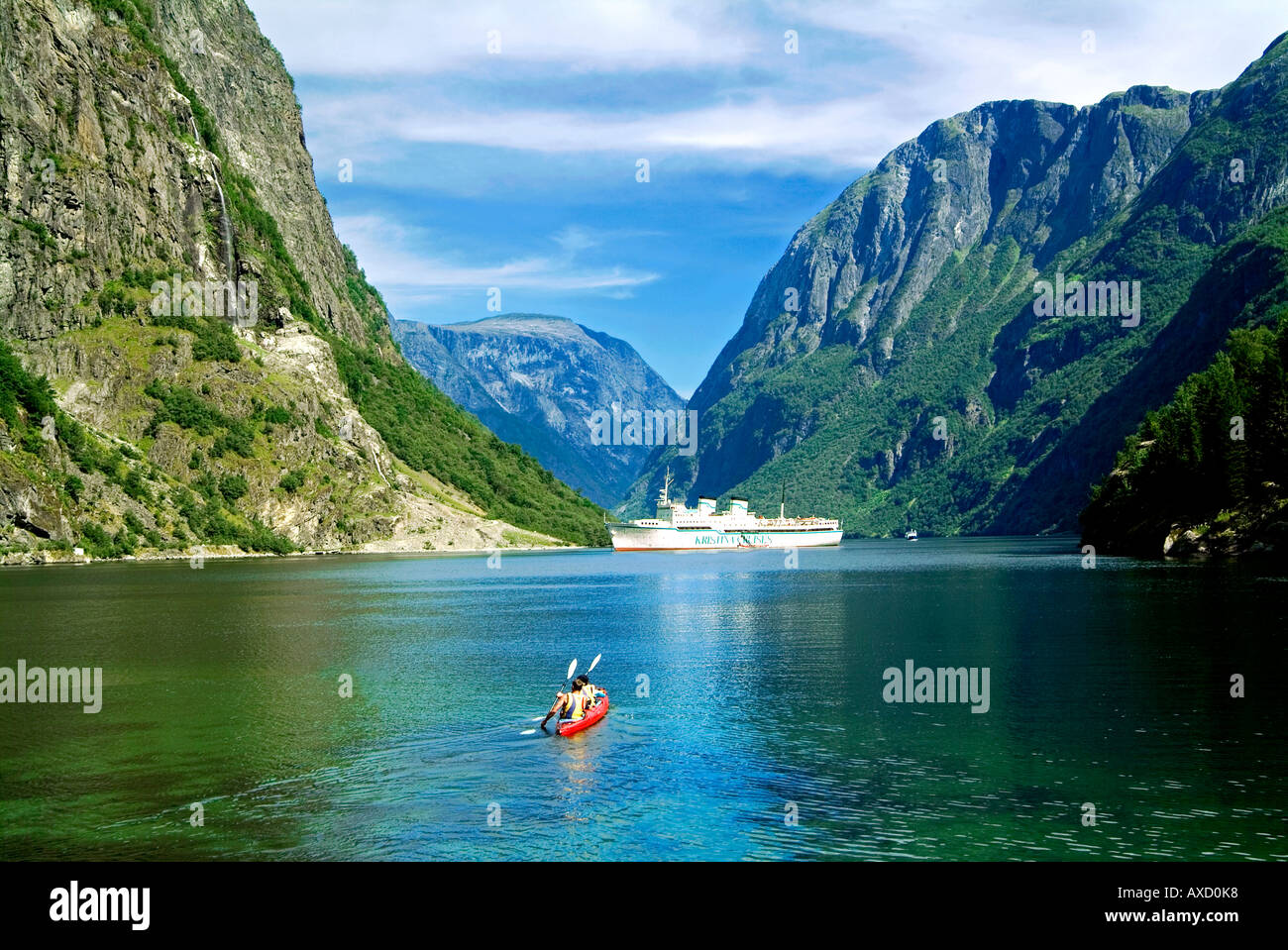Kayaking in Naeroyfjord.Unesco World Heritage site.Gudvangen.Norway ...