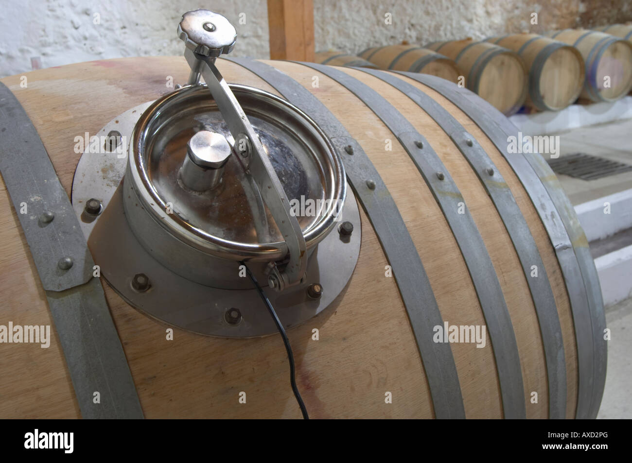 Fermentation in barrel. Oak barrel aging and fermentation cellar ...