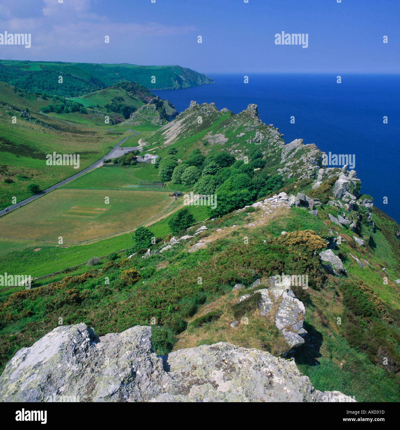 Summer view looking over rugged rocky green peaks of the Valley of ...