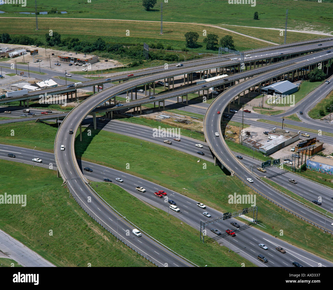 Looking down on curving highways junctions raised elevated sections and ...