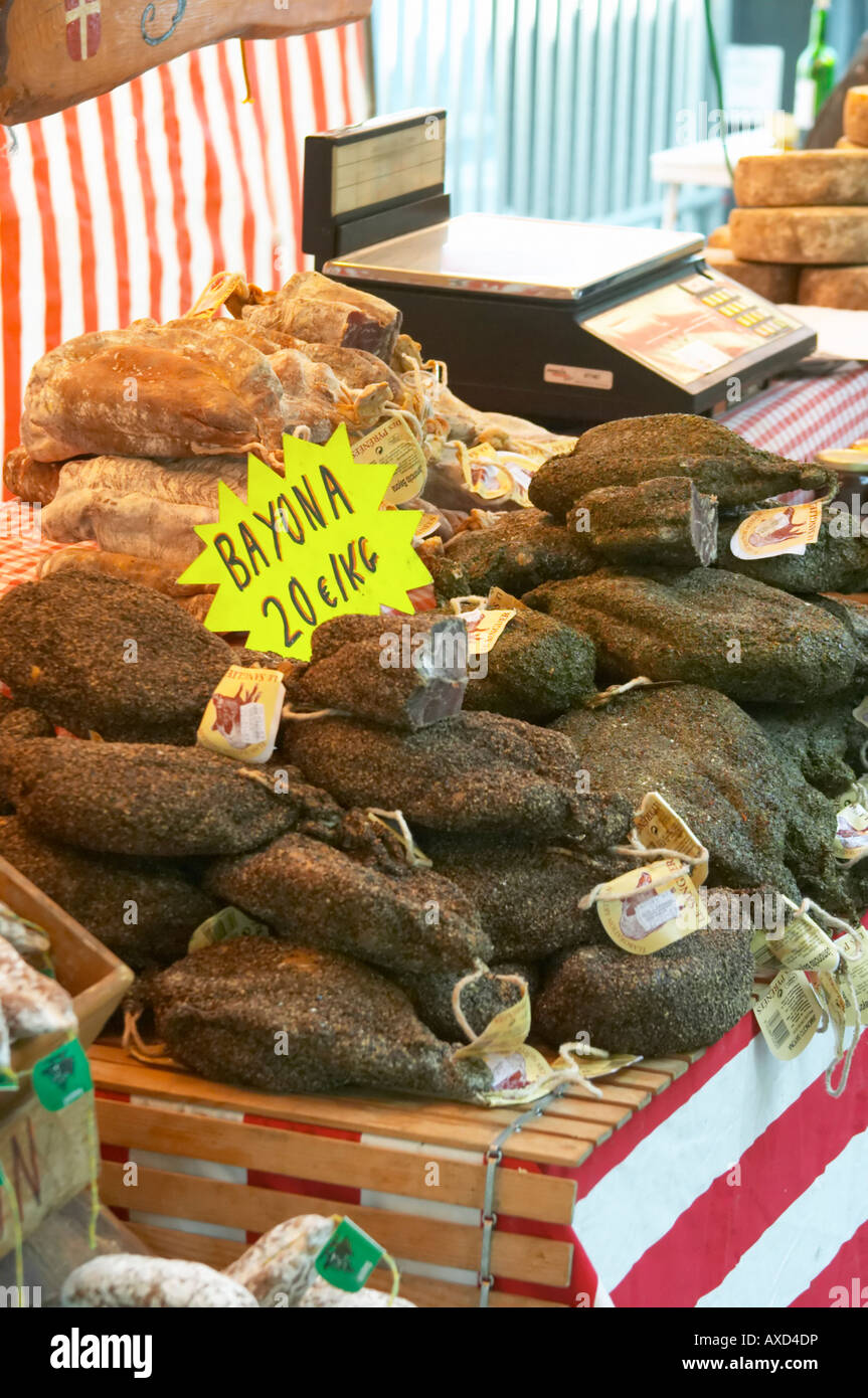 On a street market. Dry cured ham. From wild boar. Bordeaux city ...