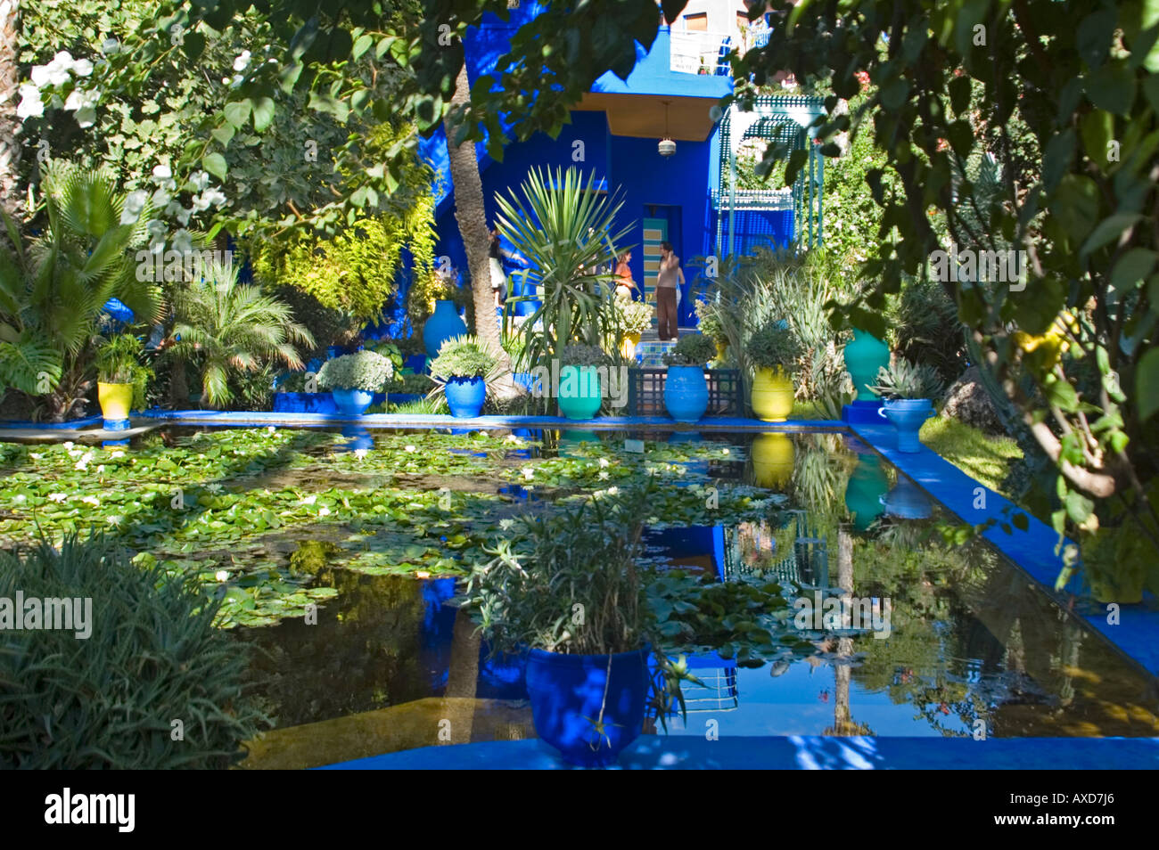 Horizontal close up of brightly painted flower pots reflectioned in a ...