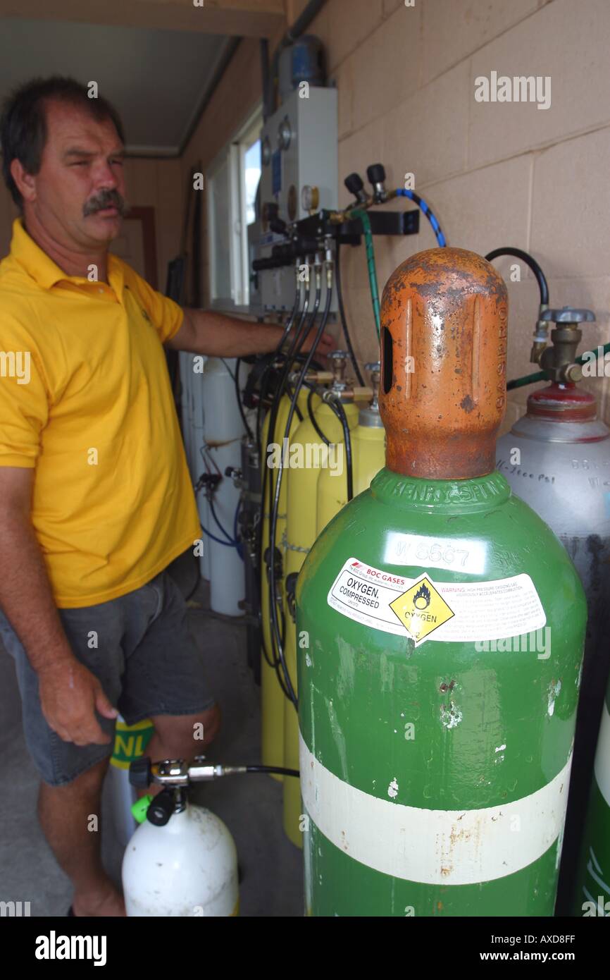 A staff member MR fills a nitrox tank at a nitrox blending fill station ...