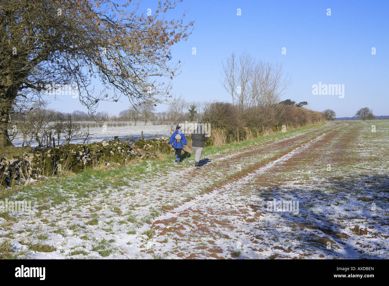 Field with dusting of snow and two walkers on a sunny winter day Stock ...