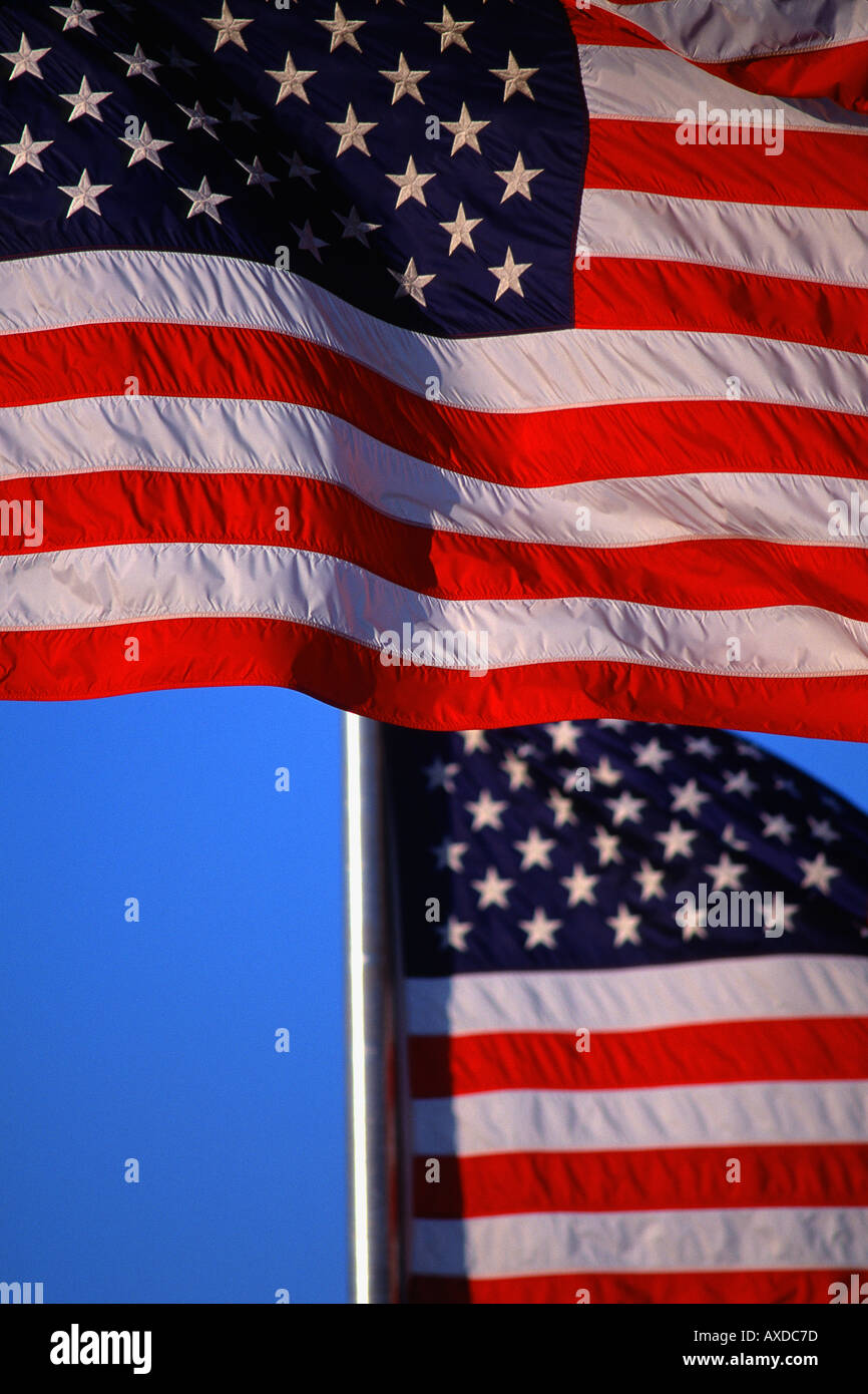 Two USA American flags blowing in breeze Stock Photo - Alamy