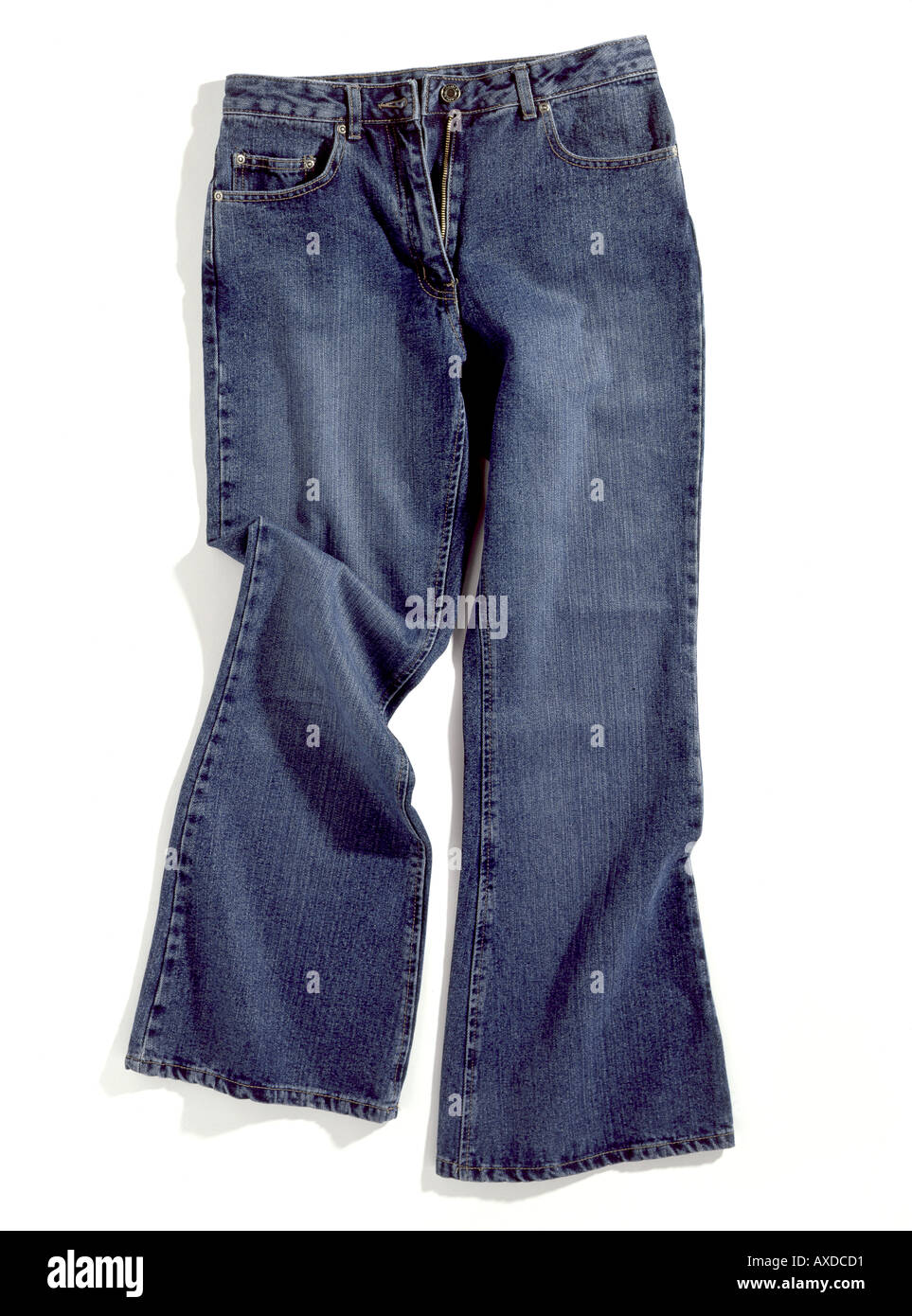 Worn blue denim jeans on white background Stock Photo - Alamy