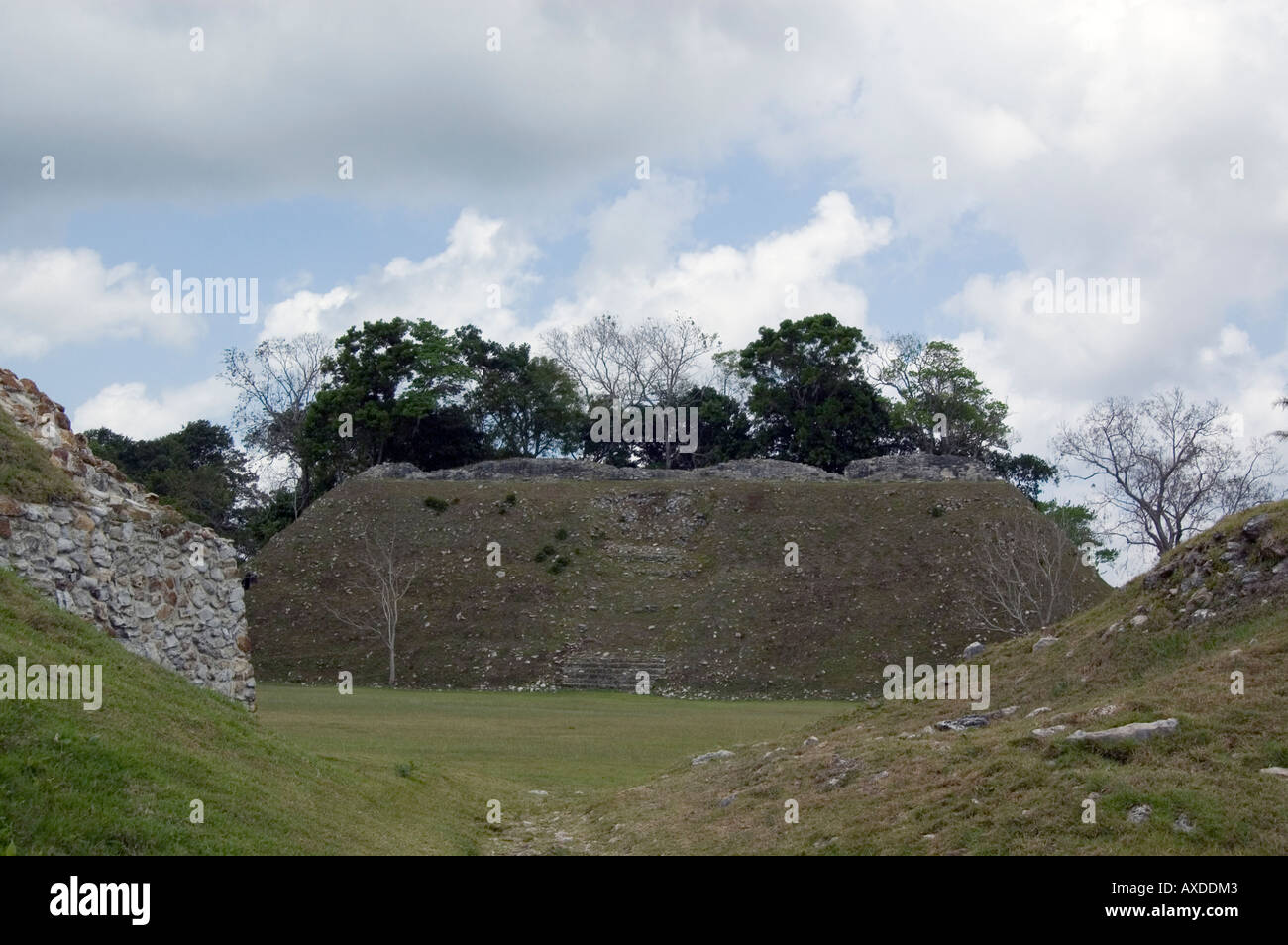 Soil pyramid with trees and clouds sky in background, Maya ruin Altun ...