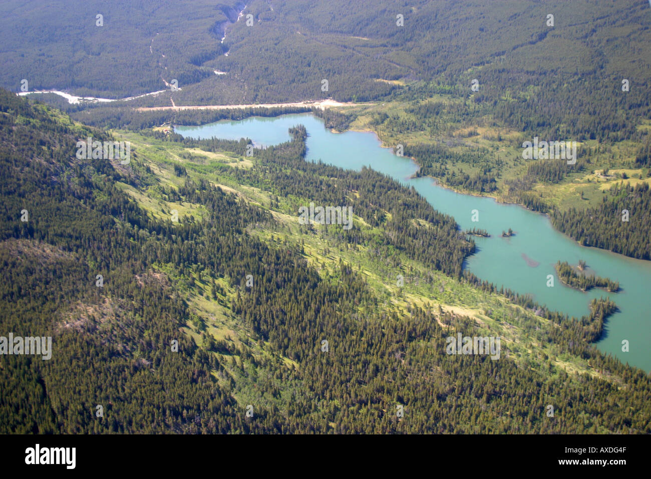 Aerial view of the forests surrounding a vivid blue lake in British ...