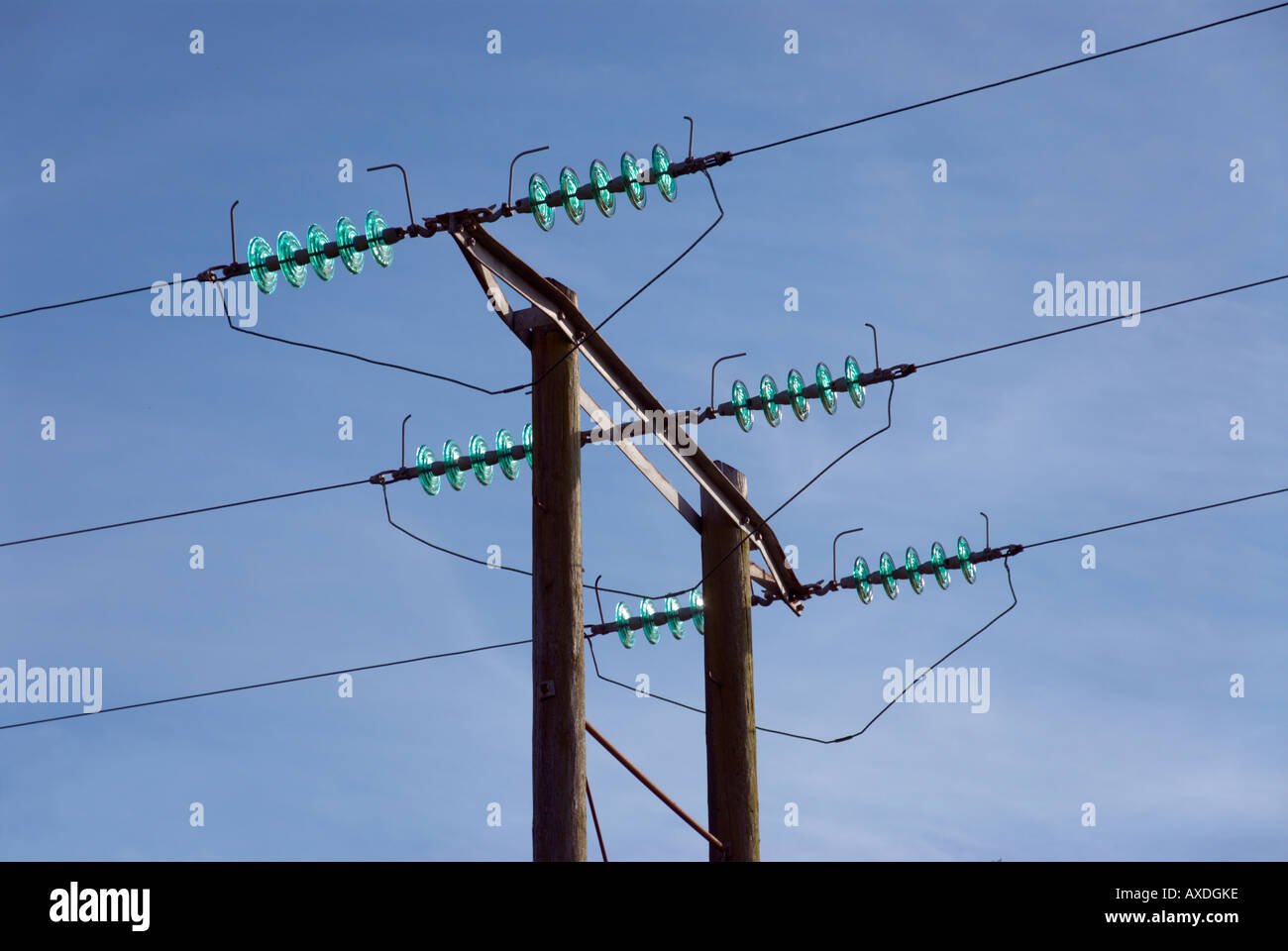 Green insulators at the top of a pylon Stock Photo - Alamy
