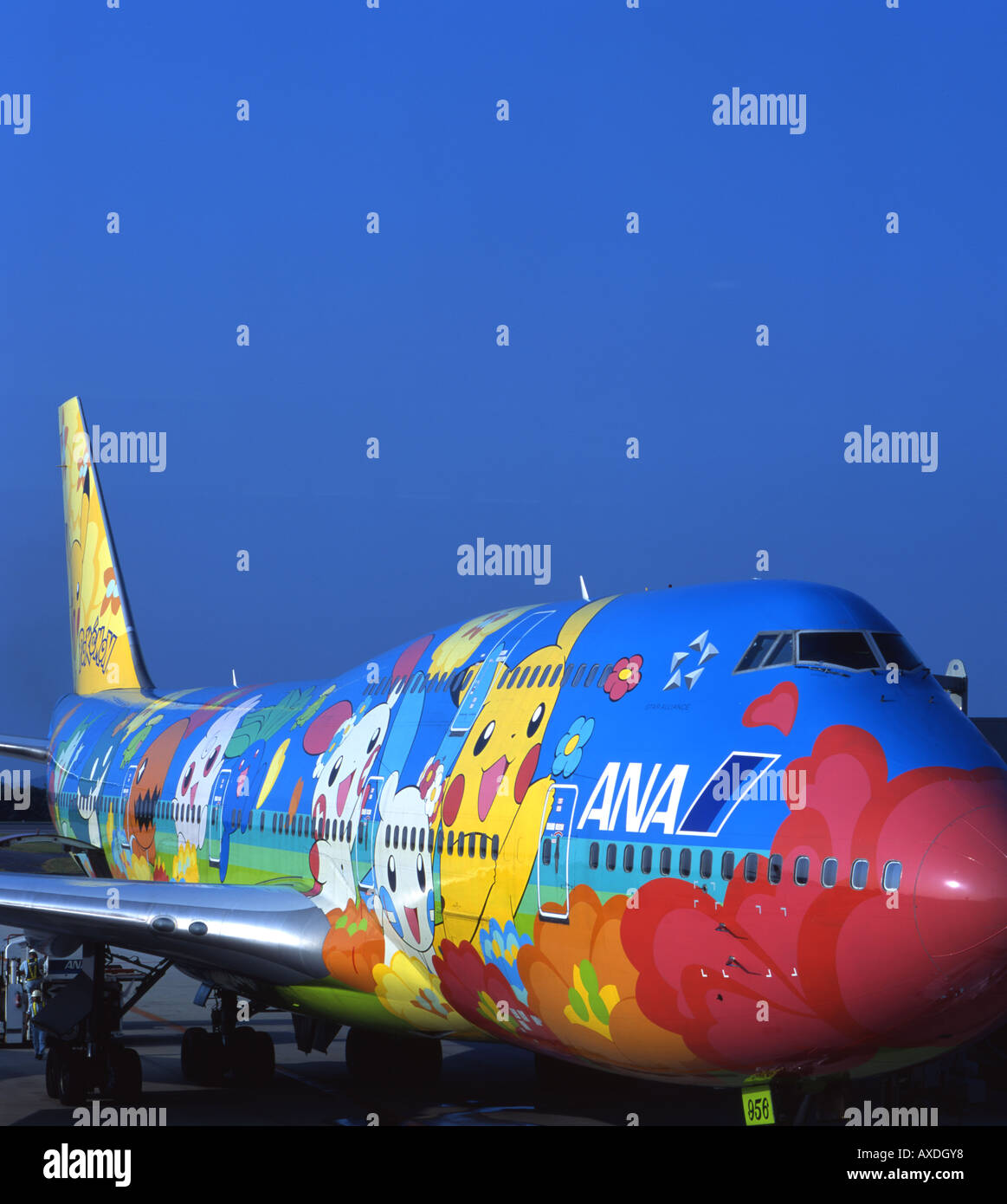 ANA 747-400 painted with Pokemon images on the runway in Japan Stock ...