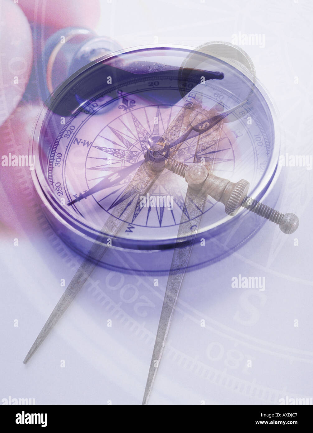 Collage With Compass Drafting Tool and Pen Stock Photo - Alamy