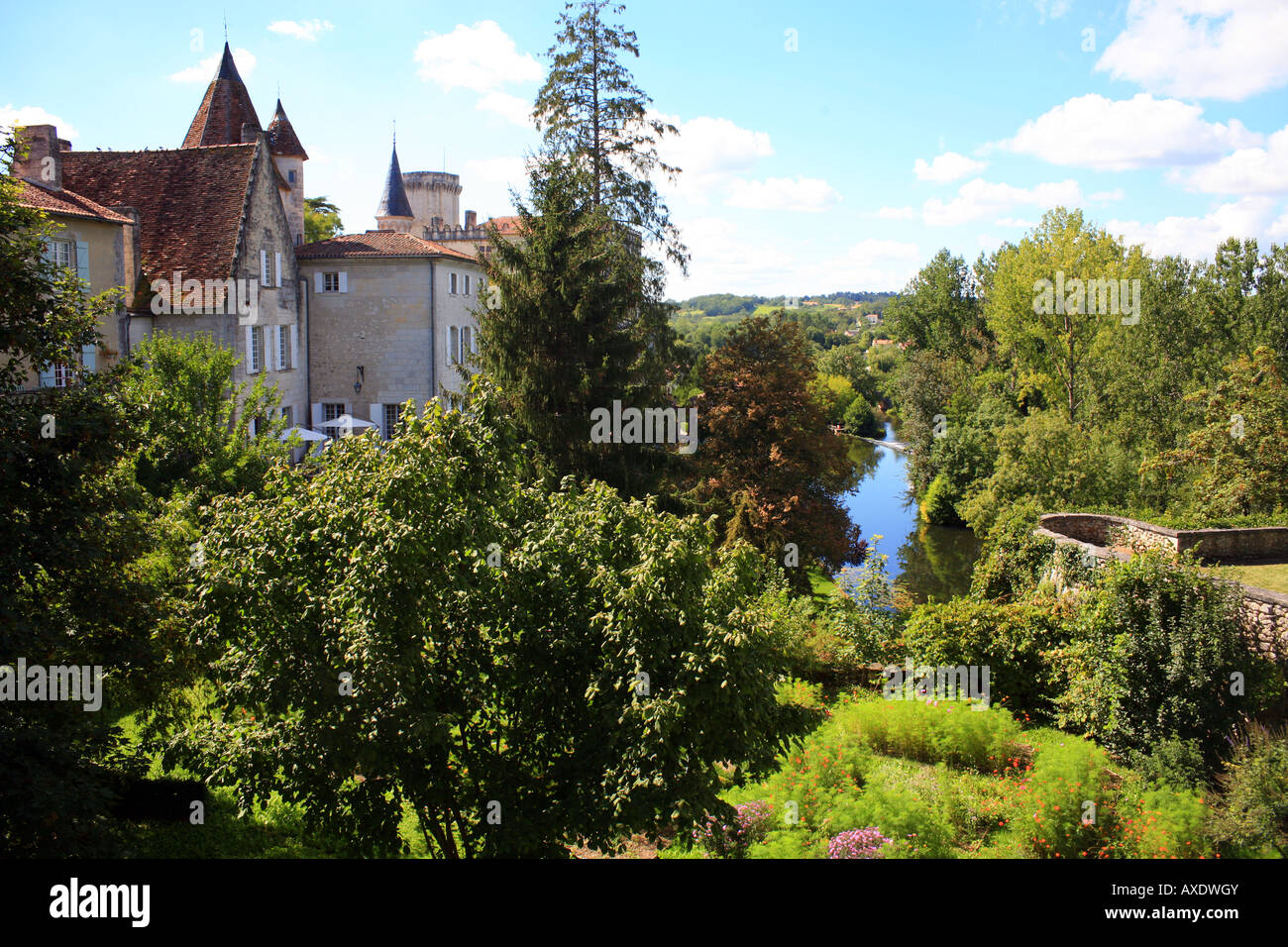 View of river Dronne and town from chateau de Bourdeilles, Dordogne ...