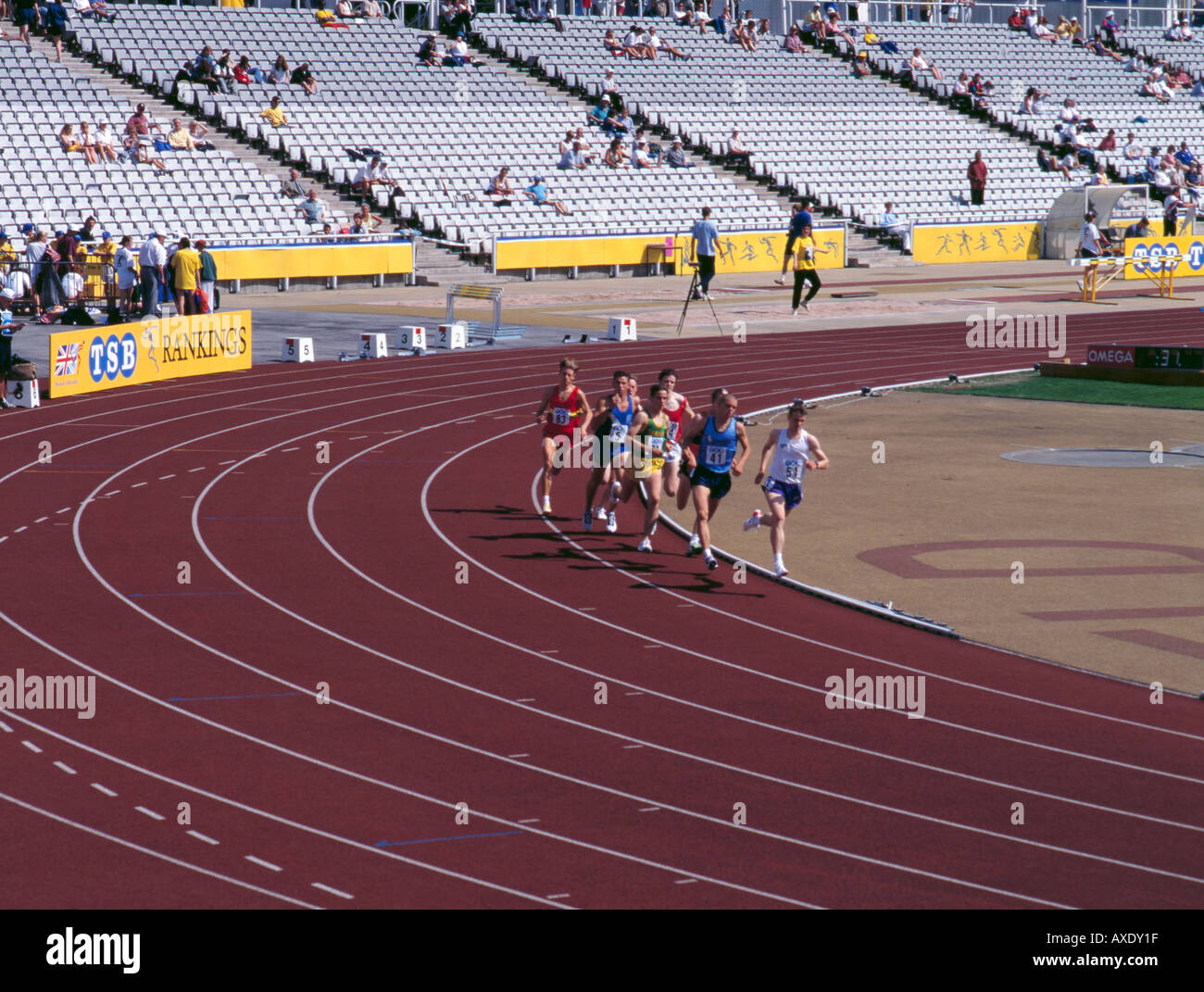 Athletic event on a track with a synthetic surface; Don Valley Stadium ...