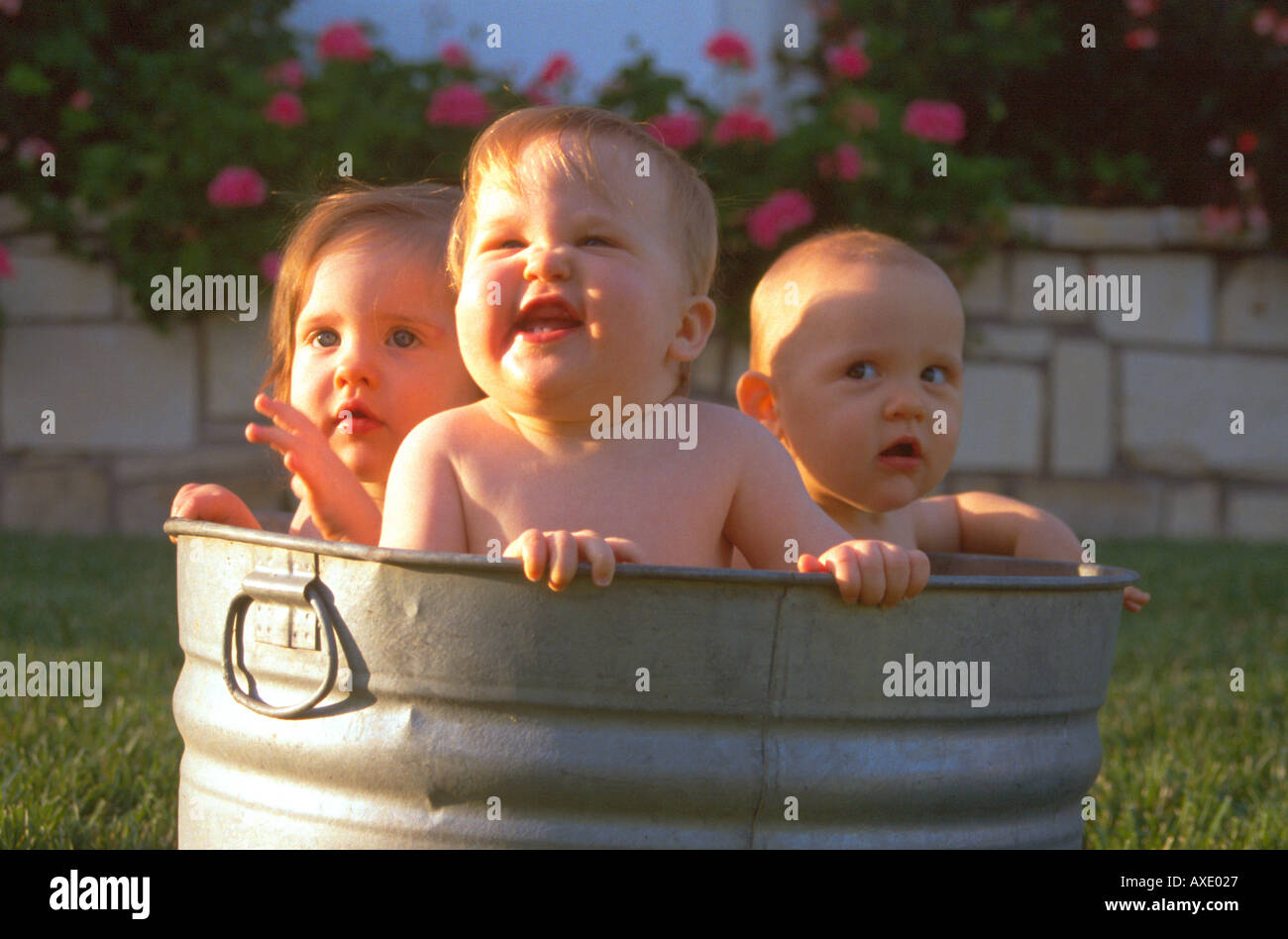 Triplet infants in was tub Stock Photo - Alamy