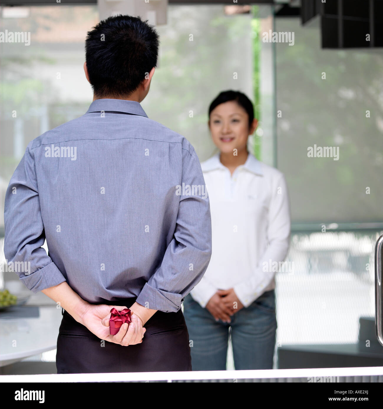 Rear view of a man holding a gift box behind his back, a woman in the ...