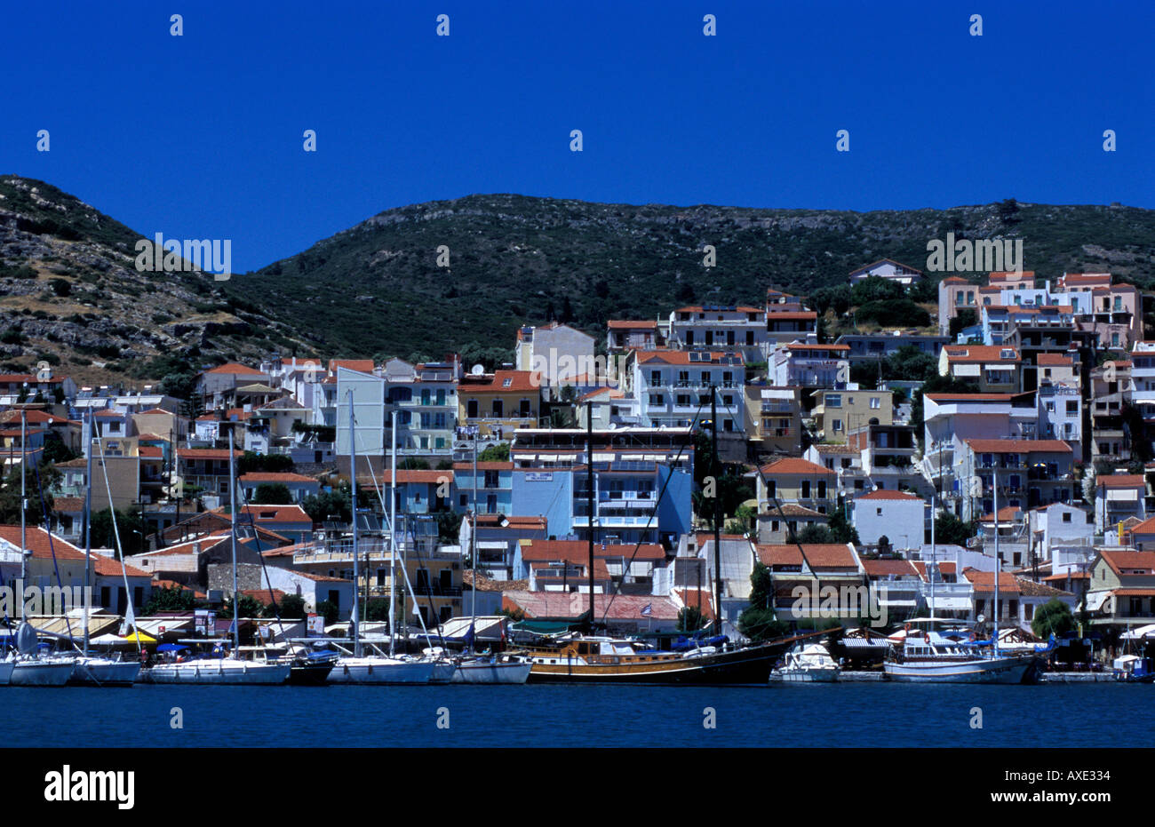 General view of Pythagorio harbour and port Pythagorio Samos Island ...