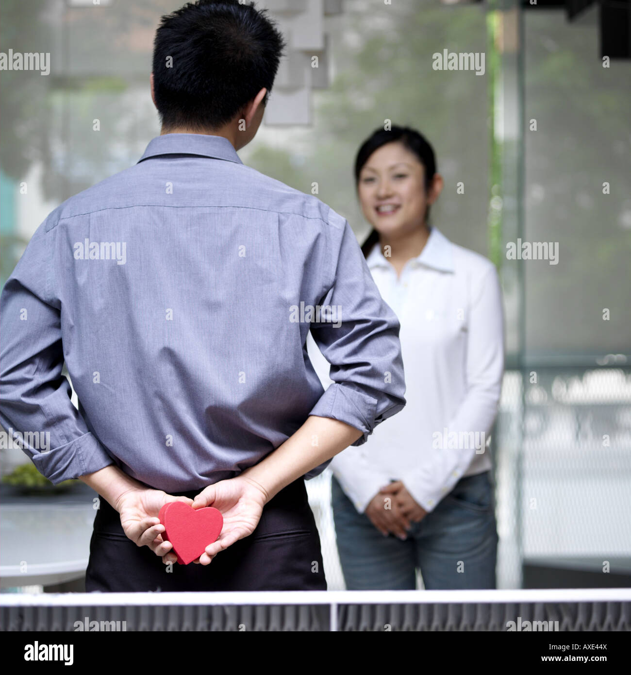 Rear view of a man holding a gift box behind his back, a woman in the ...