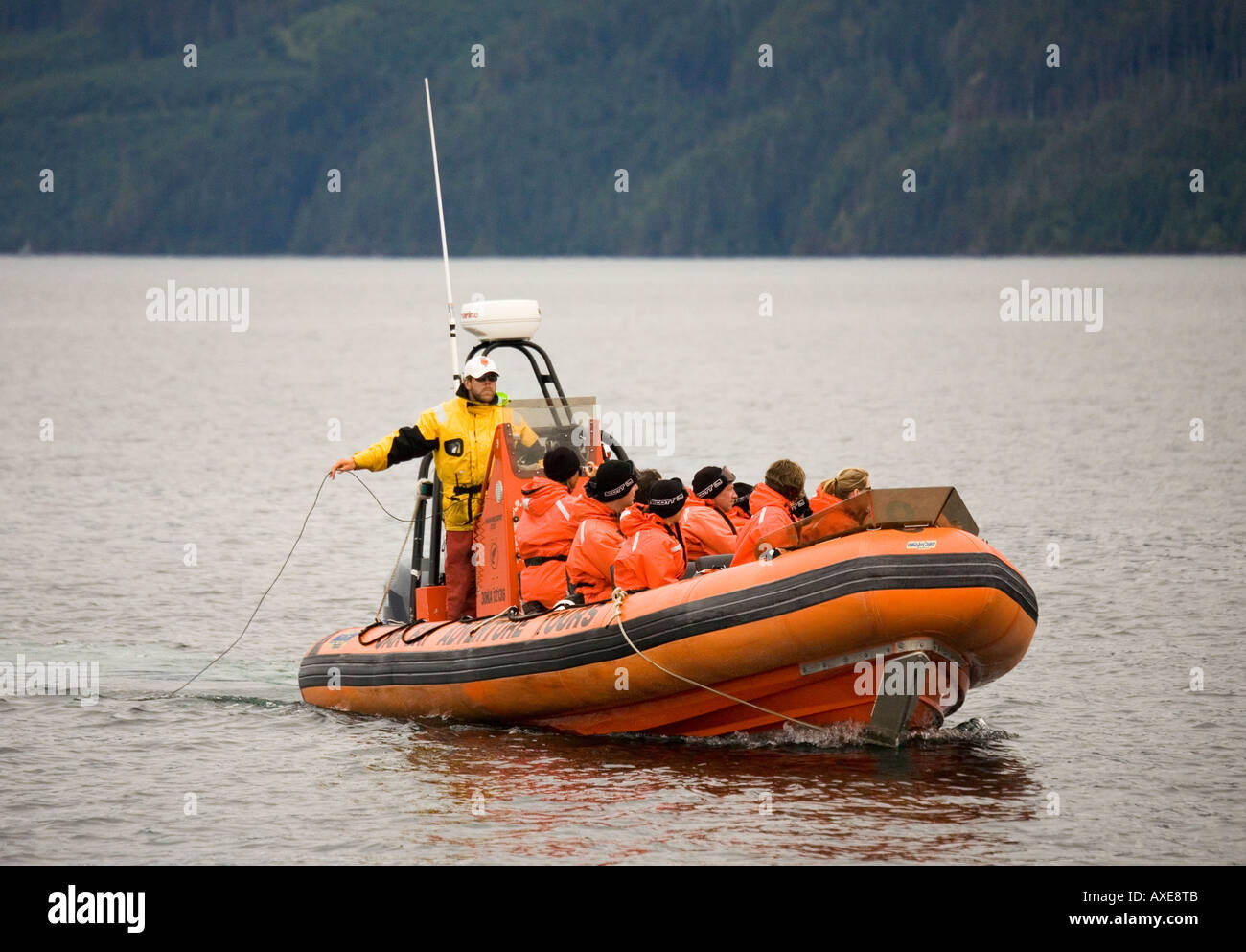 Whale watching boat trailing sonar the Robson Bight Ecological Reserve ...