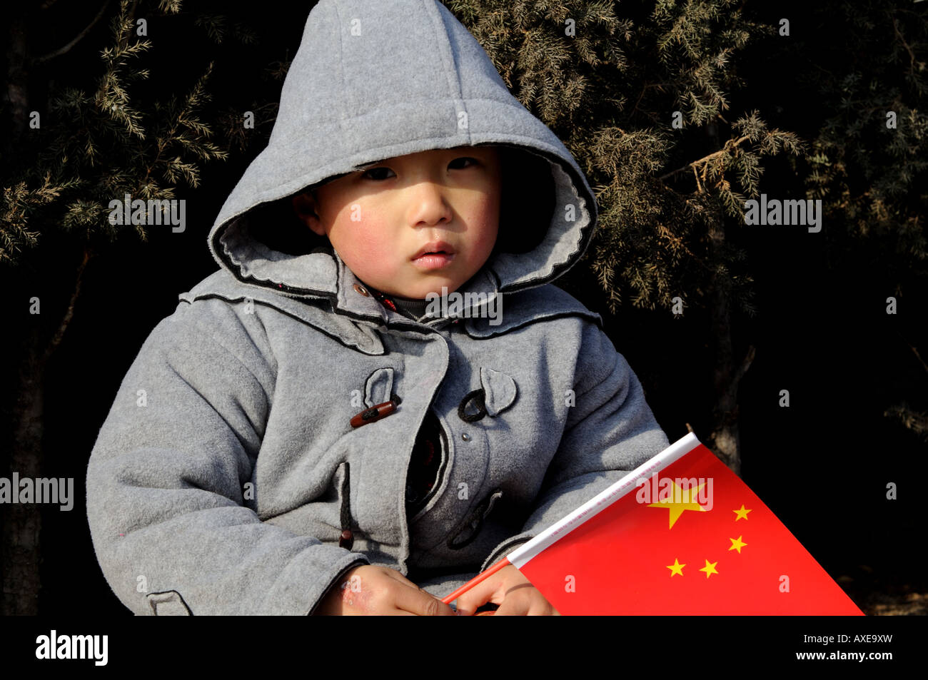 A cute Chinese boy holds the Chinese flag as he visits the forbidden ...