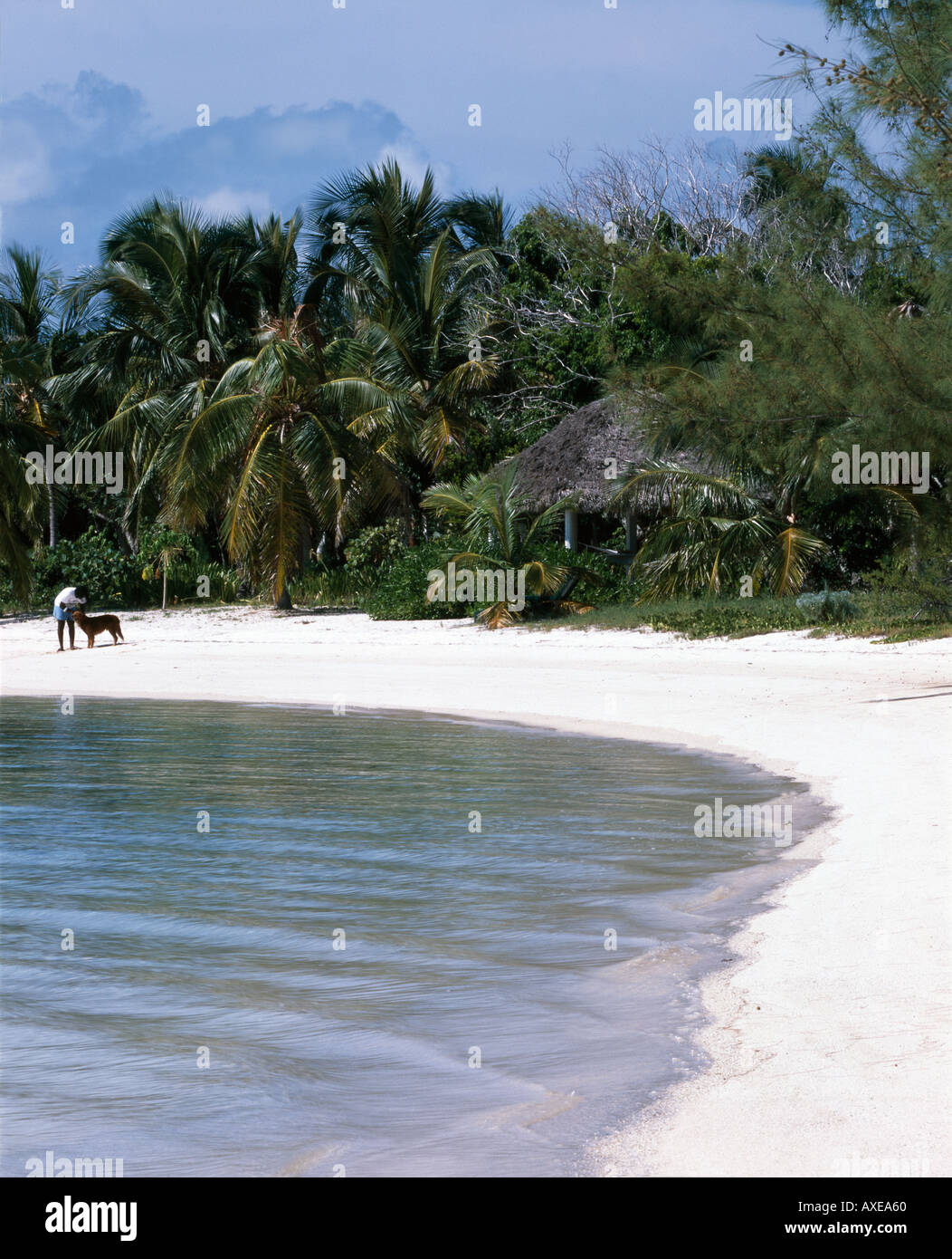 House on Channel Cay, Abacos Island, Bahamas. View of thatched cabana ...