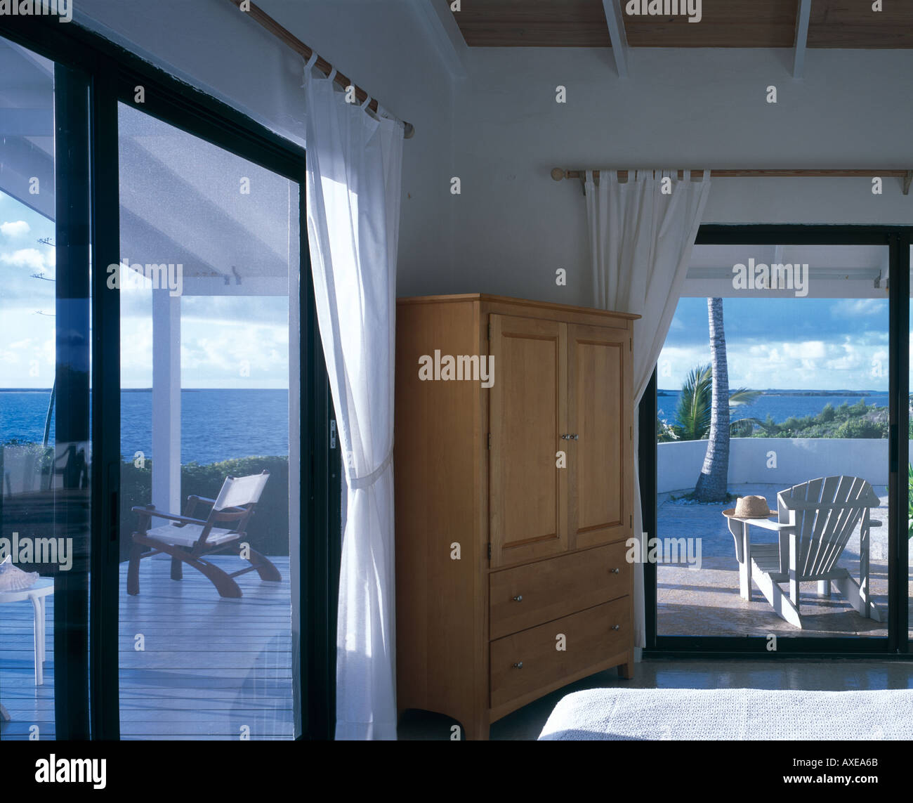 House on Channel Cay, Abacos Island, Bahamas. Interior with sea view ...