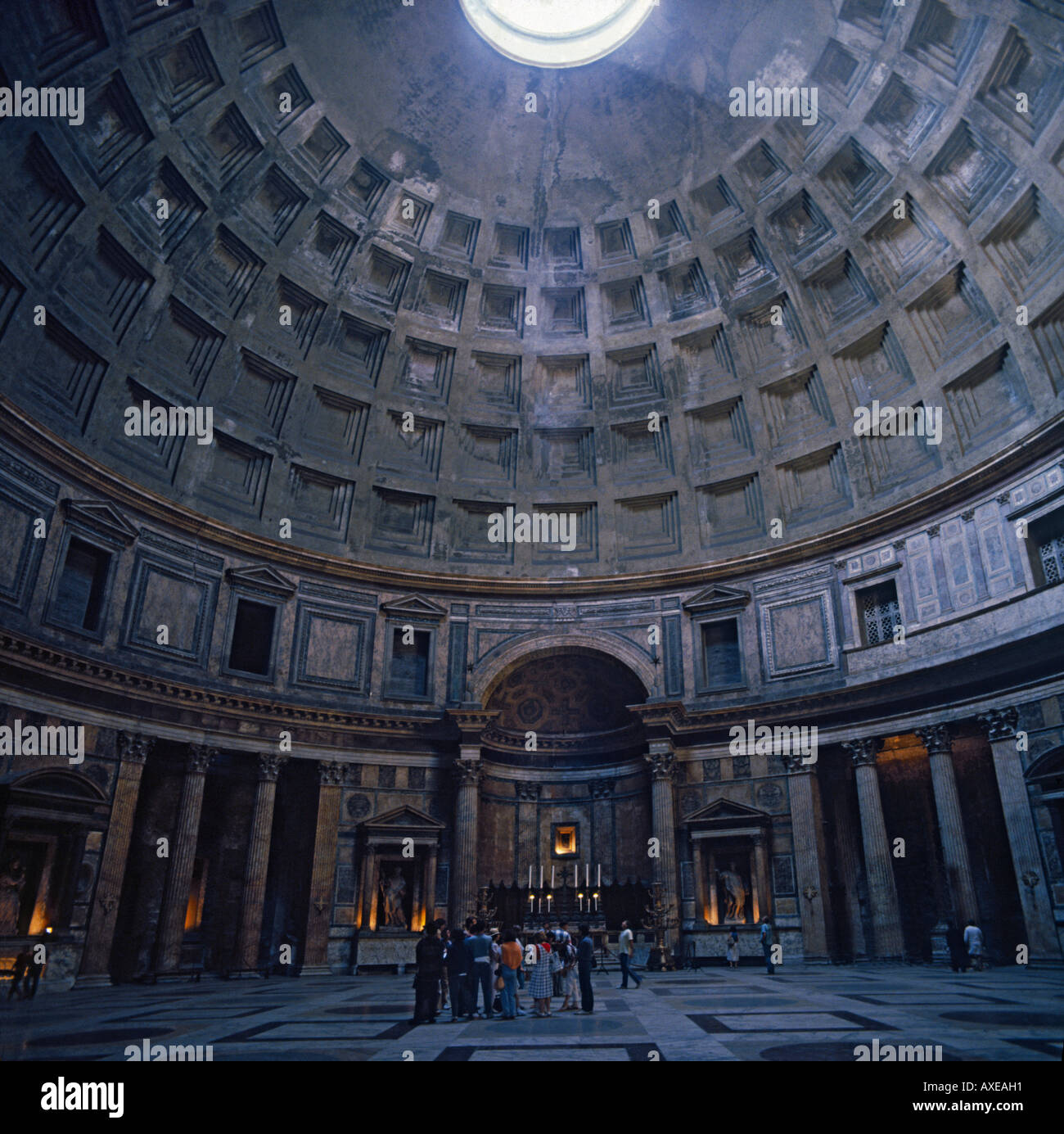 Interior of the great Pantheon showing the ancient dome with circular ...