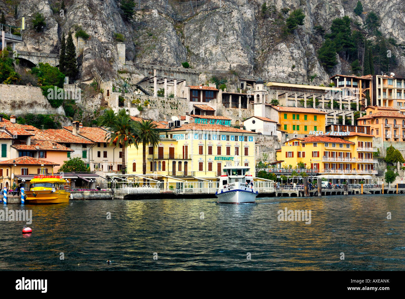 The waterfront of Limone on the western shores of Lake Garda, Italy ...