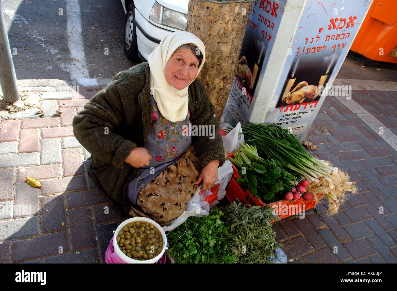 A Palestinian woman sells green herbs and vegetables in West Jerusalem ...