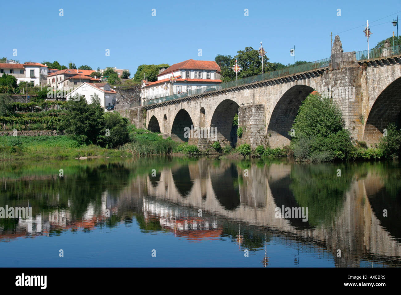 Mediaeval bridge crossing river Lima at Ponte da Barca, Portugal Stock ...
