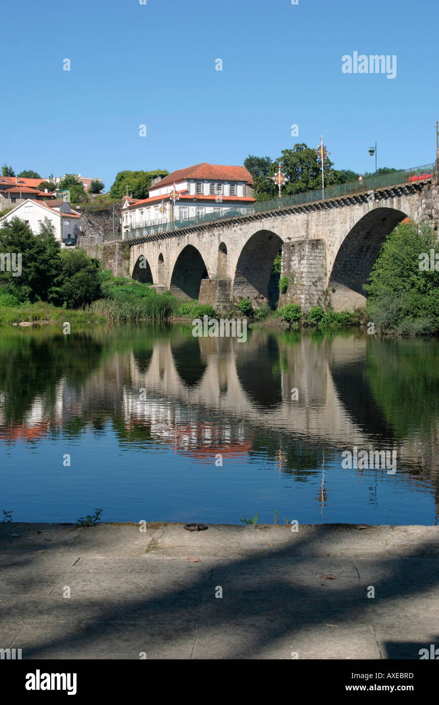 Mediaeval bridge crossing river Lima at Ponte da Barca, Portugal Stock ...