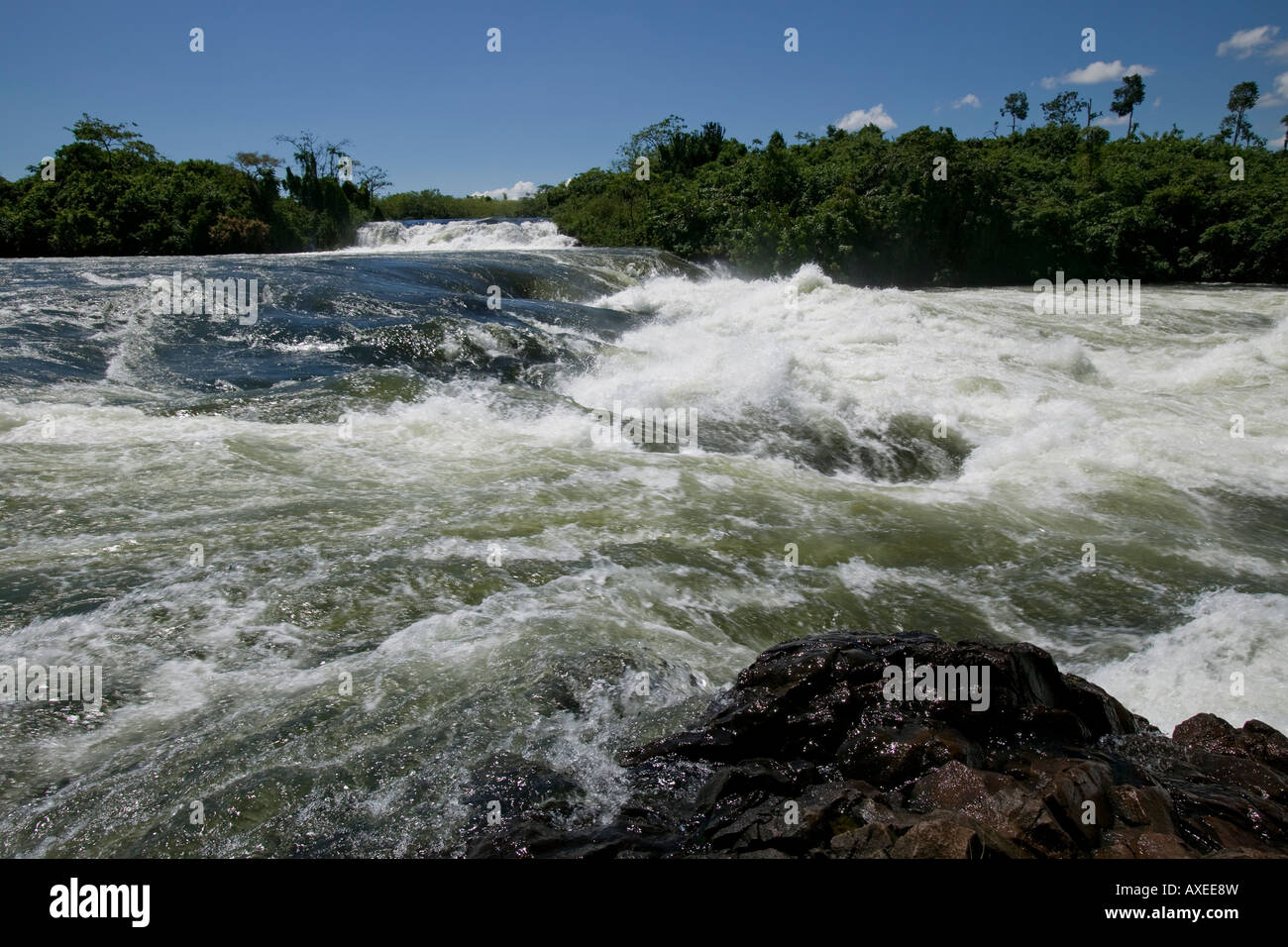 Africa Uganda Jinja Nile River flows over rapids at Bujagali Falls near ...