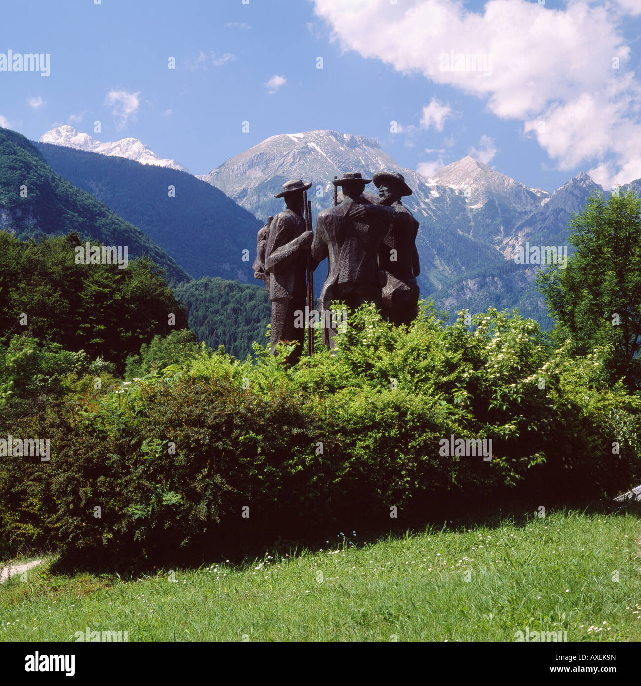 Monument to the first climbers of Triglav at Ribcev Laz, Bohinj ...