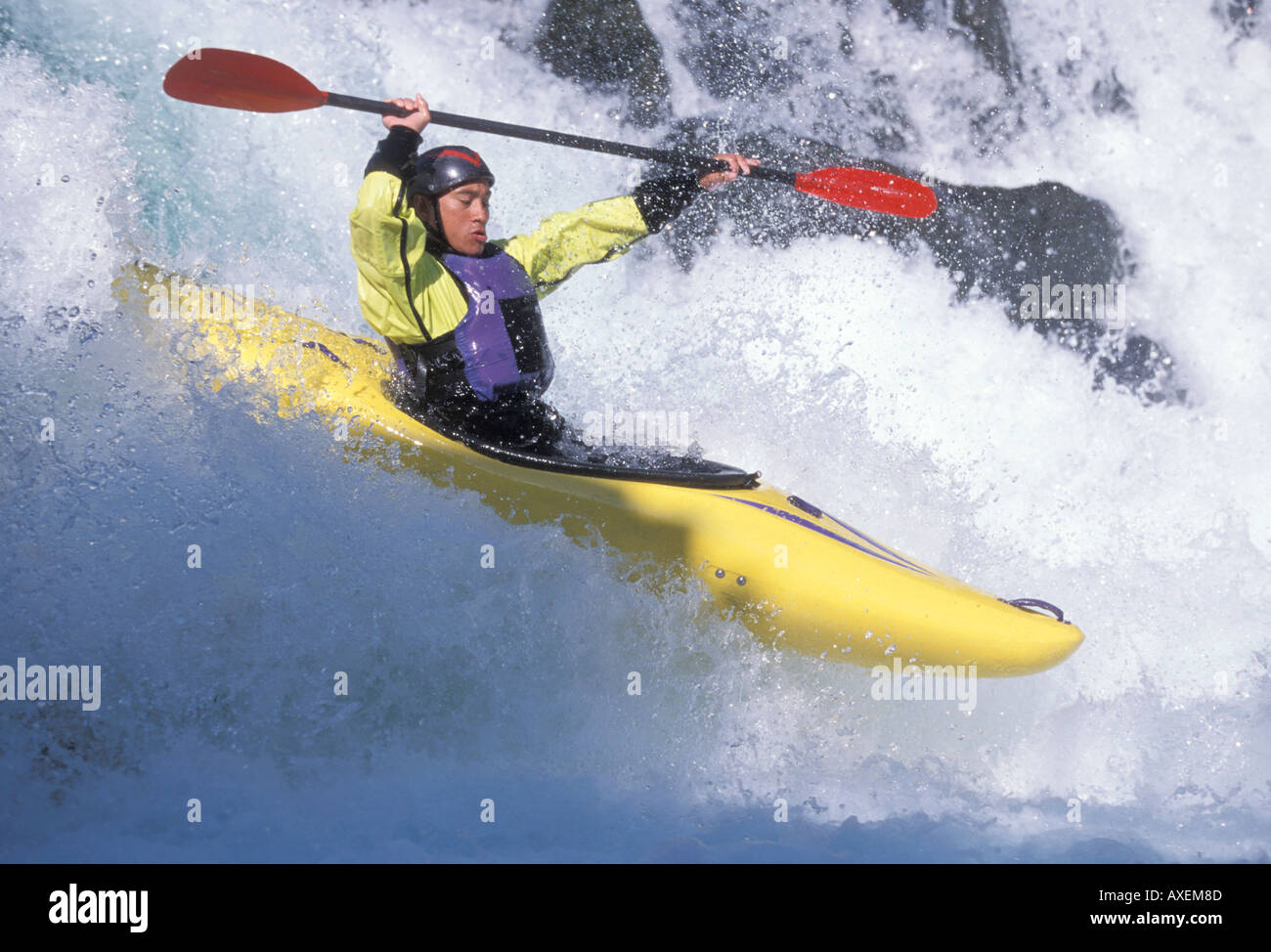Kayaking Over A Waterfall Stock Photo - Alamy