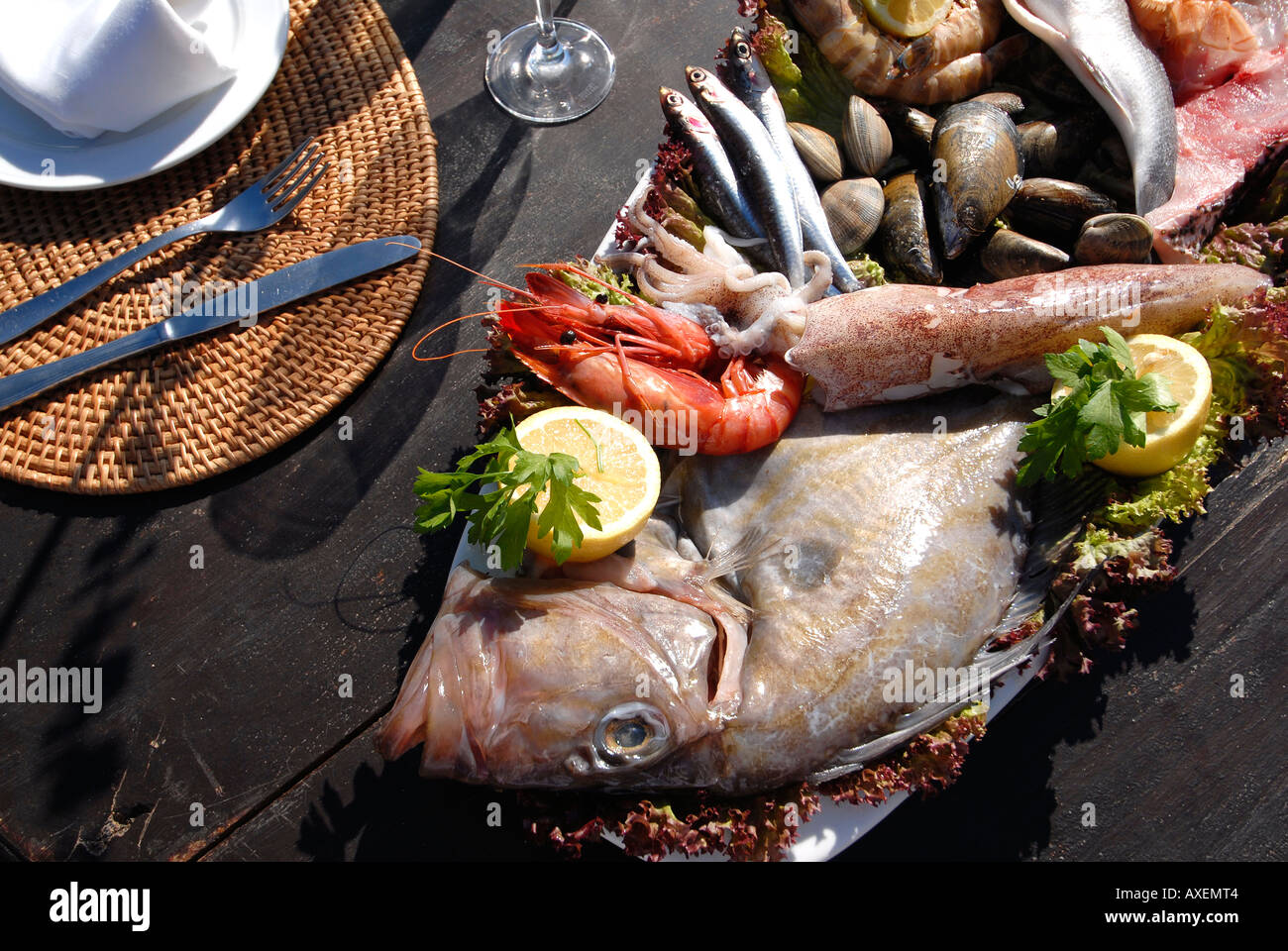 Assorted fresh fish on the table of a coastal ibizan restaurant Ibiza ...