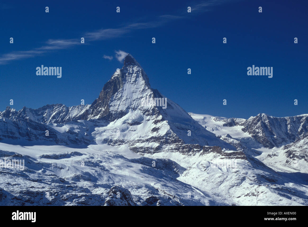 Mount Matterhorn in winter above Zermatt seen from Gornergrat train ...