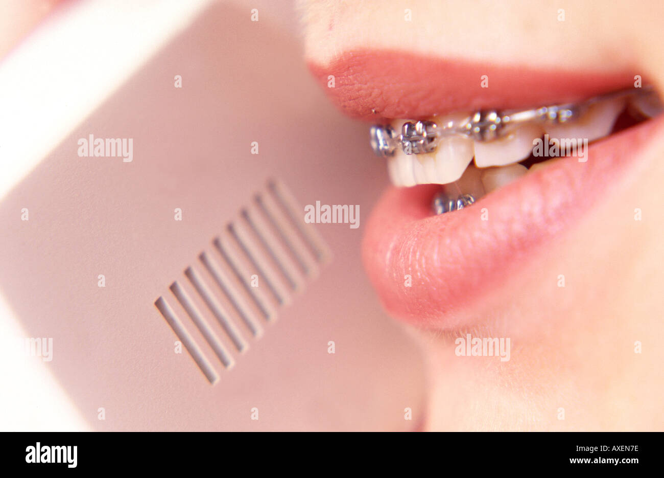 woman female girl young smile teeth talk speak call ring telephone ...