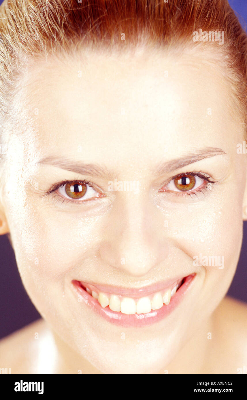 woman female age 30 35 red haired smile face joyful content cheerful ...