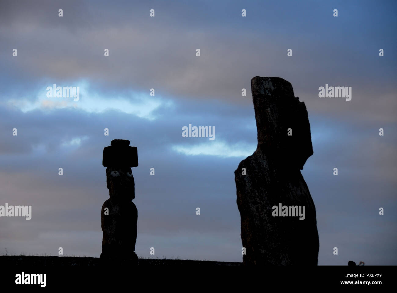 Chile Easter Island two moai sunset silhouette statue long ear moai Ahu ...