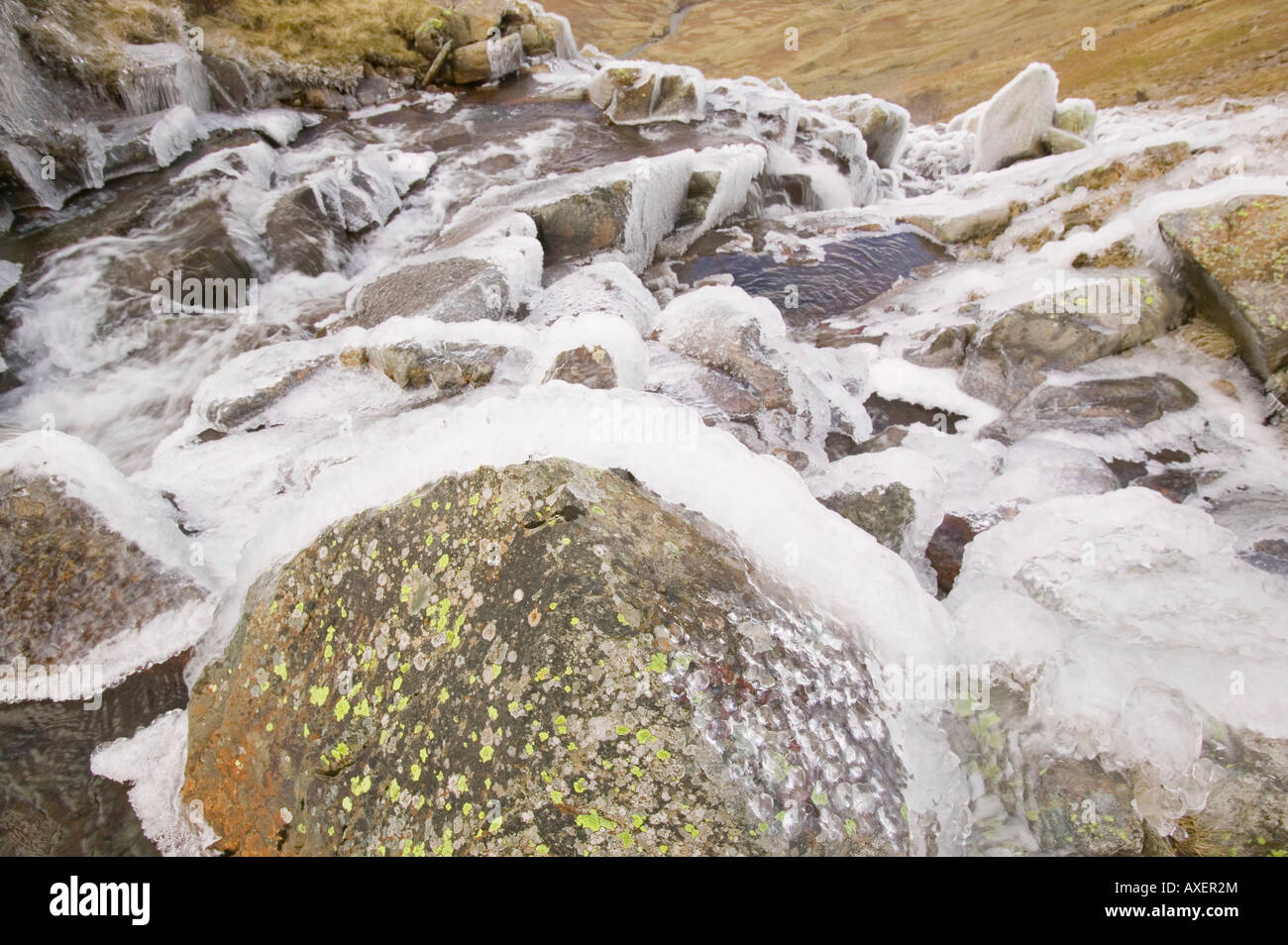 Icing on rocks caused by a strong wind blowing water onto frozen rocks ...