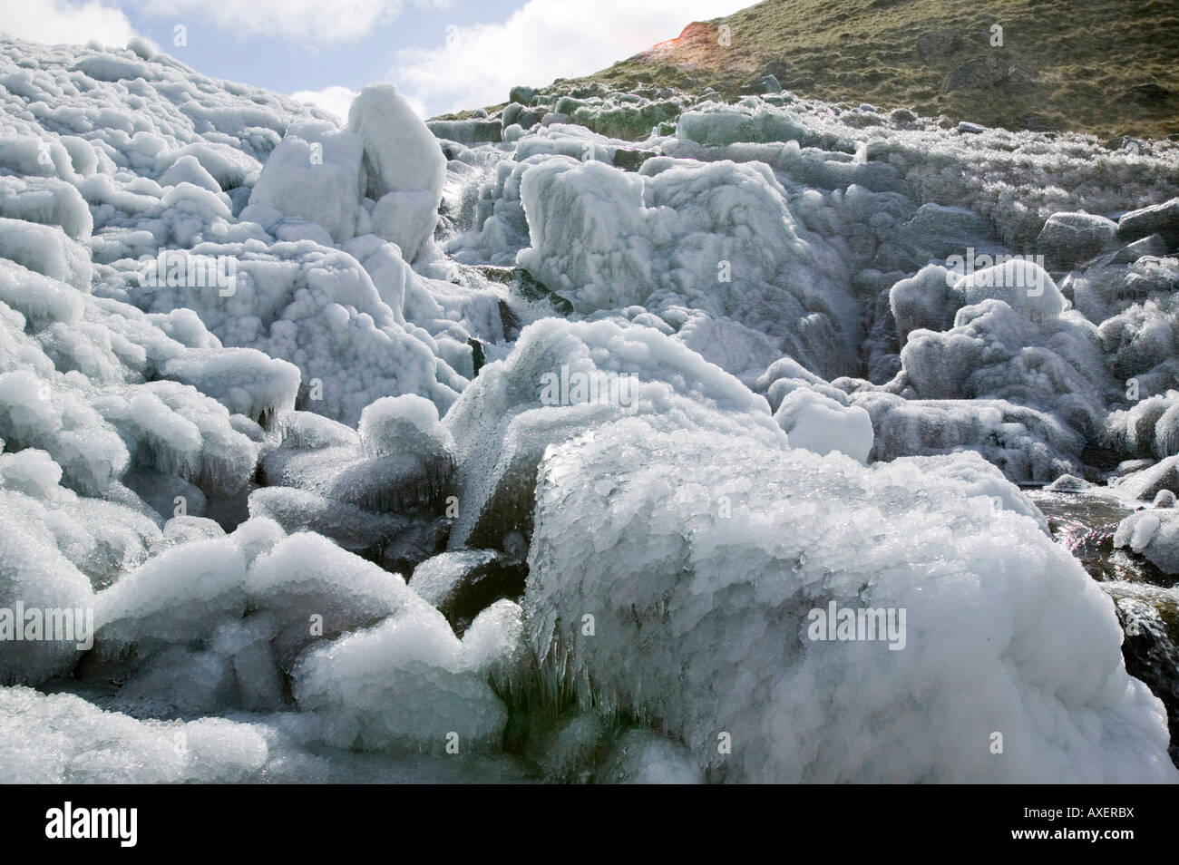 Icing on rocks caused by a strong wind blowing water onto frozen rocks ...