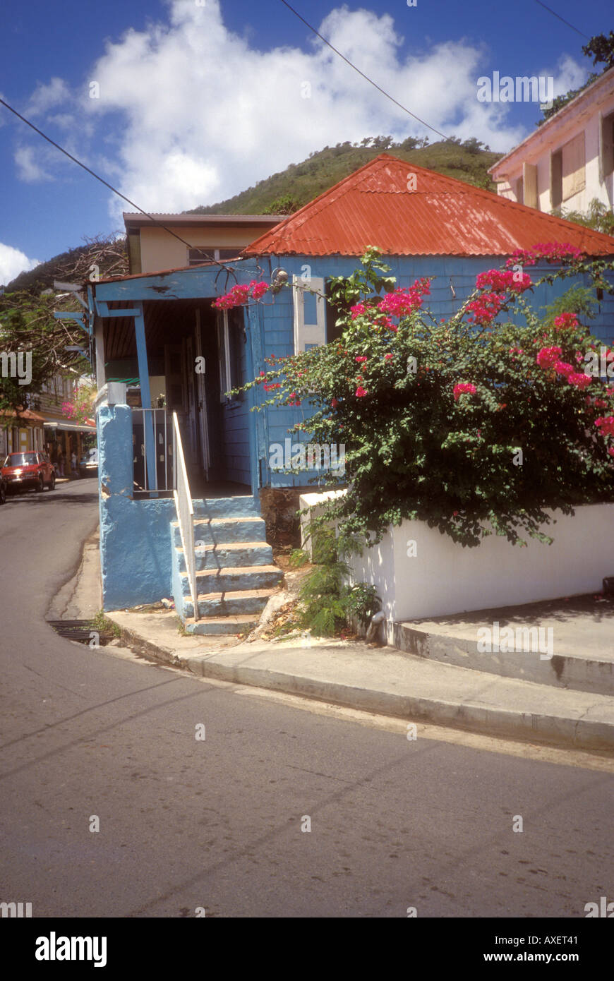 Red roofed, blue walled typical Caribbean house with flowers Stock ...